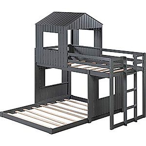 Harper & Bright Designs House Bed Bunk Beds Twin Over Full Size, Wood Bunk Beds with Roof and Guard Rail for Kids, Toddlers, No Box Spring Needed