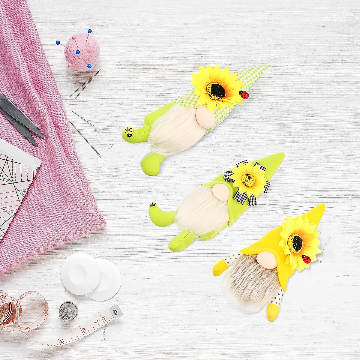 3 Pieces Sunflower Summer Gnomes Sunflower Garden Plush Doll Honey Bee Fall Decorations Scandinavian Tomte Swedish Sunflower Elf for Farmhouse Kitchen Decor, Rustic Buffalo Plaid Ladybug