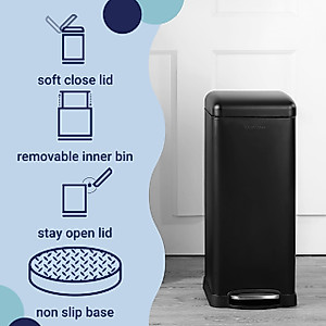 happimess HPM1007B Betty Retro 8-Gallon Step-Open Trash Can with Soft-Close Lid, Fingerprint Resistant, Modern, Minimalistic for Home, Kitchen, Laundry Room, Office, Bedroom, Bathroom, Black