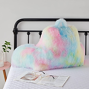 Hobed Life Faux Fur Backrest Pillow for Kids, Teen Reading Pillow with Arms, Fluffy Back Support Pillow for Sitting Up in Bed/Couch, Bed Wedge Pillow for Girls, Reading & Bed Rest Pillows (Pink)