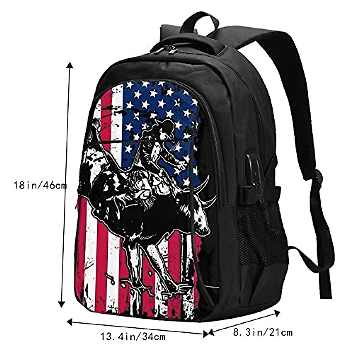 herbeier Stylish Rodeo Bull Rider American Flag Travel Backpack with USB Charging Port for Travel Business School Gifts, One Size