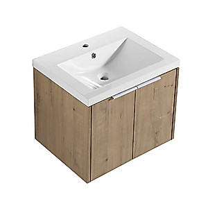 24-Inch Wall Mounted Bathroom Vanity with Sink Combo Modern Single Bathroom Vanity Set with Top Basin & Storage Cabinet Wood Hanging Bath Cabinet w/Resin Sink for Bathroom(Oak White-24'')