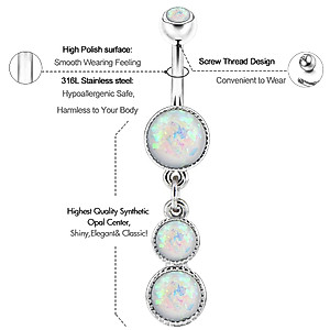 COCHARM 14g White Opal Belly Button Rings Surgical Steel Dangle Navel Rings for Women Dangly Navel Piercing Jewelry Dangling Belly Piercing Belly Bar