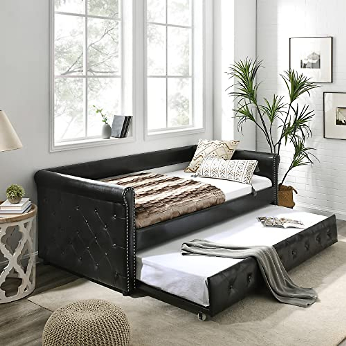 Antetek Daybed with Trundle, Twin Size Upholstered Daybed with A Trundle, Modern PU Leather Day Bed, No Box Spring Required, Sofa Bed for Bedroom, Living Room, Guest Room, Black