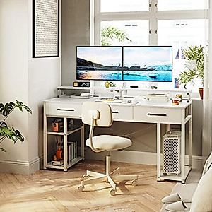ODK Computer Desk with Drawers and Storage Shelves, 55 inch Home Office Desk with Monitor Stand, Modern Work Study Writing Table Desk for Small Spaces, White + White Leg