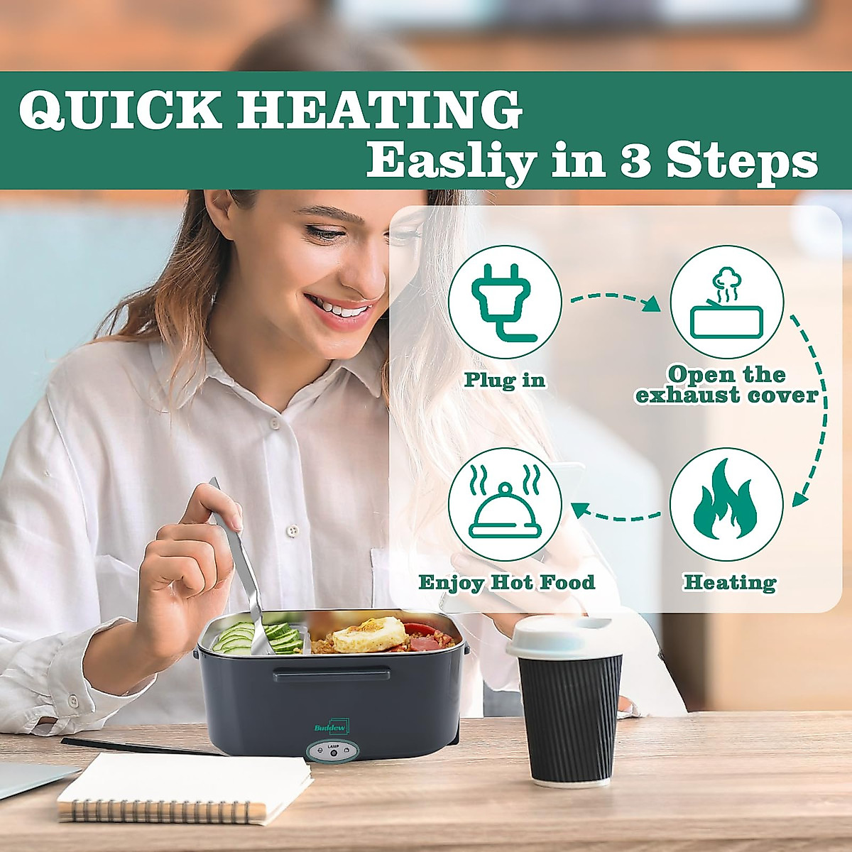 Buddew Electric Lunch Box 80W Food Heater 3 in 1 12/24/110-230V Portable Lunch Warmer Upgraded Leakproof Heated Lunch Box for Car/Truck/Office with SS fork & Spoon and Insulated Carry Bag(Green)