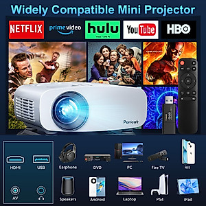 5G WiFi Bluetooth Projector, Pericat Native 1080P Movie Projector for Phone, Portable Outdoor Projector, 10000L Home Theater Video Projector, Mini Projector Compatible w/ PC, HDMI, USB, TV Stick, PS5