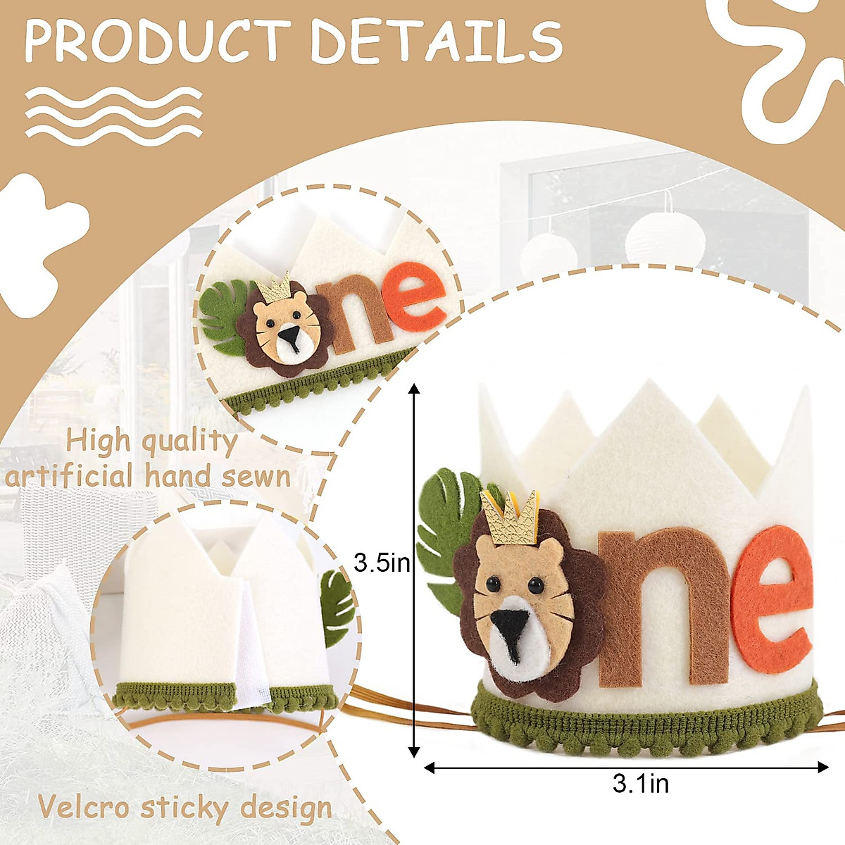 LINLULU Lion 1st Birthday Crown - Jungle Safari Wild One Birthday Hat Decoration for Boys