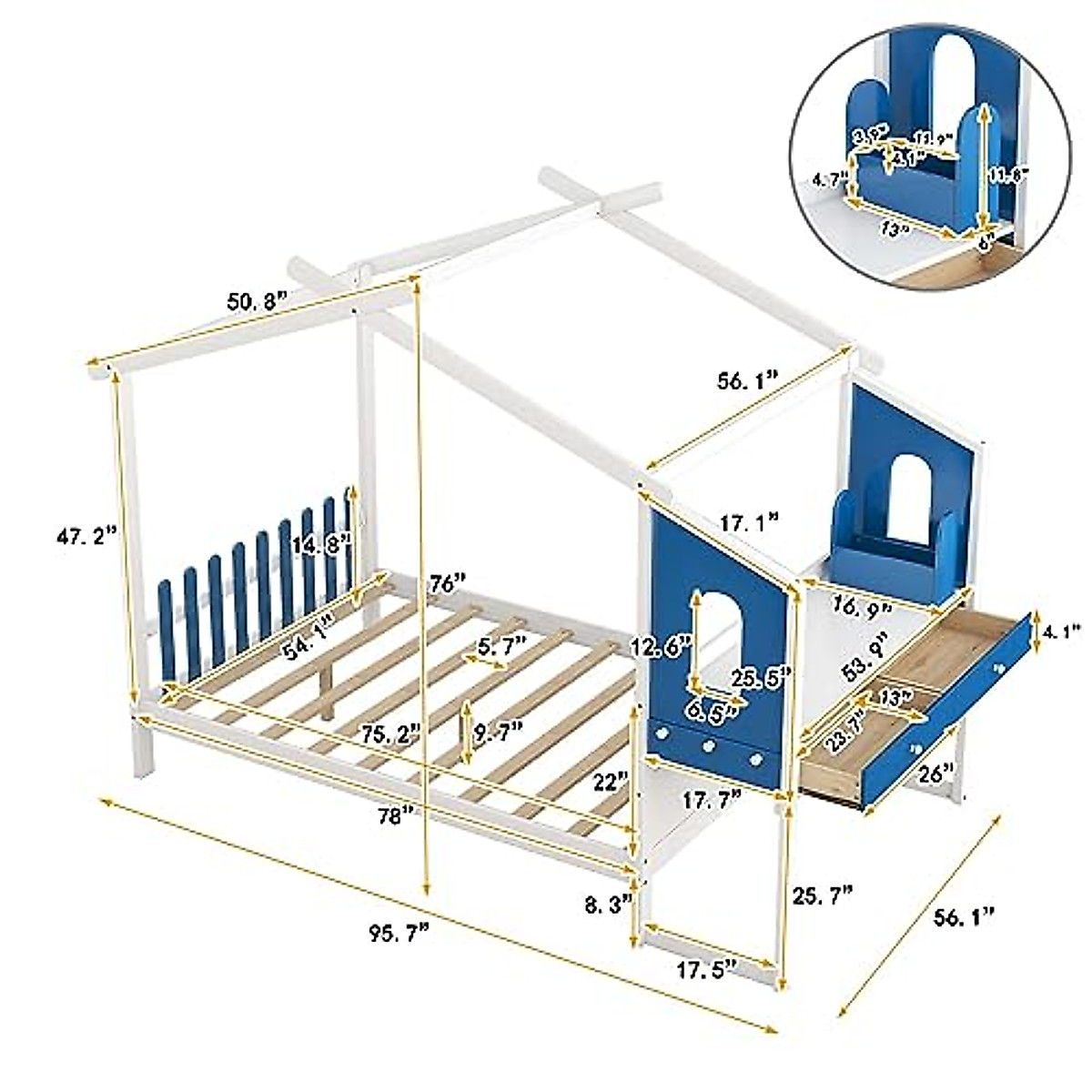 Heliosphere Full Size Platform Bed Frame with Built-in Desk and 2 Drawers, Storage Bed Frame with Separate Storage Pen Case, House Shaped Platform Bed, Solid Wood Bed Frame for Kids Teens Bedroom