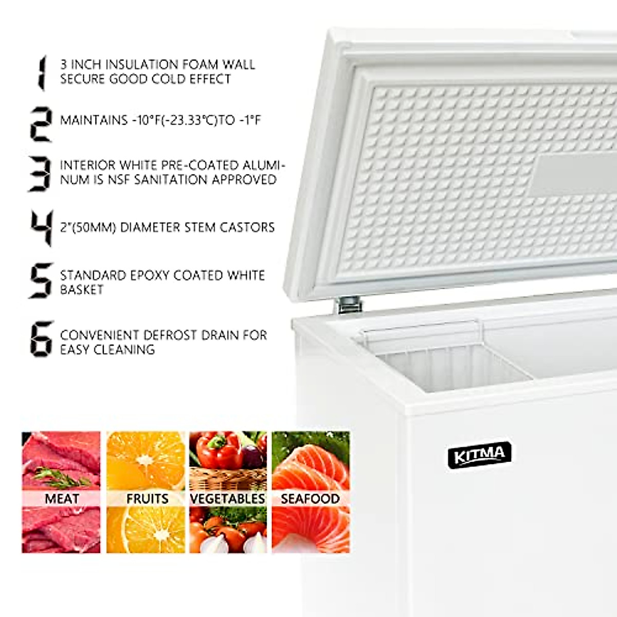 KITMA Chest Freezer - 15.9 Cu.Ft Reach-In Freezer Chest - Solid Door Deep Freezer with 2 Storage Baskets and Adjustable Thermostat, White