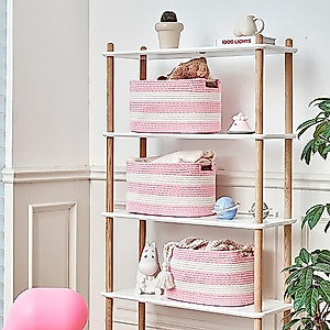 R RUNKA Decorative Storage Baskets - 15"x10.2"x9.1" Cube Storage bins for Organizing Shelves, Entryway, Closet - Versatile Baskets for Books, Towels,Toys - Pink Gift Basket for Girls - White & Pink