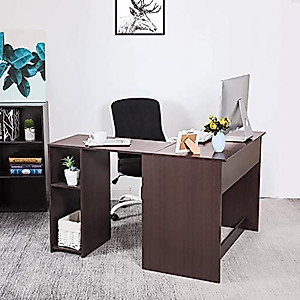FurnitureR Computer Desk with Bookshelf Industrial Style Study Table Computer Gaming Desk with Storage, Wooden L-Shaped Corner Desk Save Space for Home Office, Brown