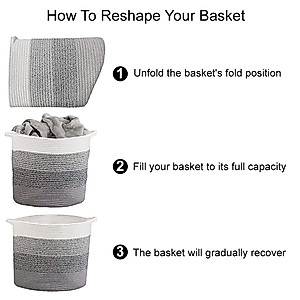 Laundry Basket Organizing,Kid Laundry Hamper, Decorative Woven Cotton Rope Basket, Blanket Basket for Storage, Baby and Dog Toy Storage Baskets Bin, Towel Basket, 4-Tone Dark Gray, 2PCS, 15.4" x14.2"