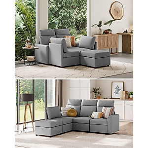 LINSY HOME Modular Sectional Sofa, Upgraded High Back Sectional Couch with 4 Headrests, L Shaped Sofa Bed with Storage, Sofa Covers Removable, 5 Seat Couch with Ottoman for Living Room, Grey