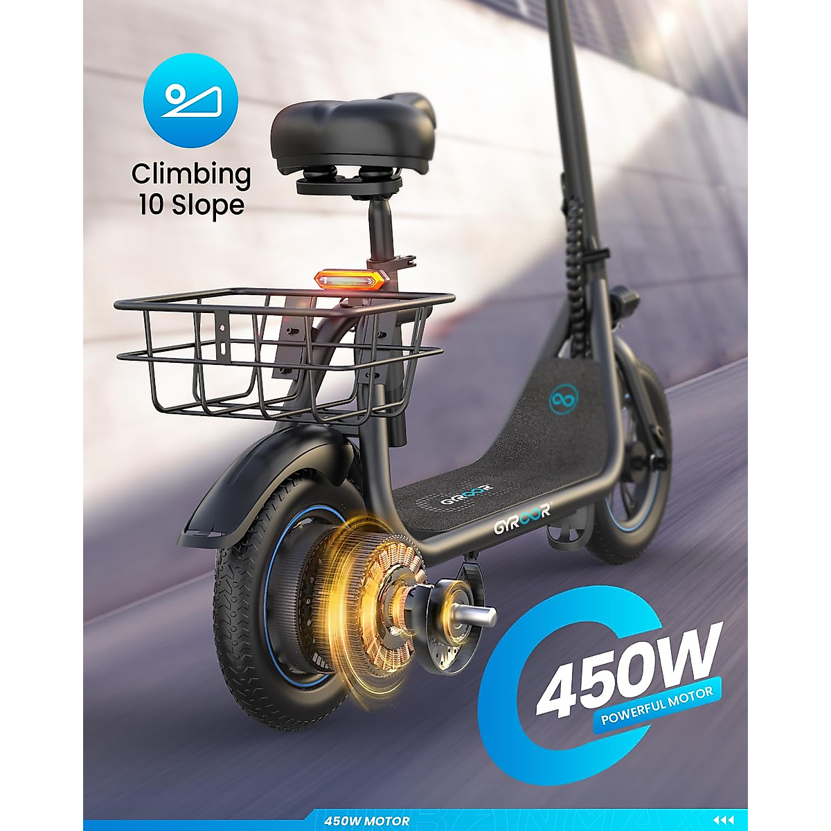 Gyroor Electric Scooter with Seat, 450W Powerful Motor up to 20 Miles Range, Foldable Scooter for Adult Max Speed 15.5Mph, Commuter Electric Scooter with Basket