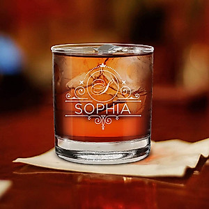 Personalized Monogram Engraved Bourbon Whiskey Rocks Glass 11 oz, Custom Drinking Gift with Initial and Name for Him, Her