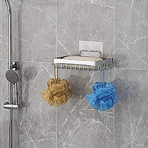 Soap Dish Soap Holder with Hooks for Shower, Rust Proof 304 Stainless Steel, Adhesive No Drilling