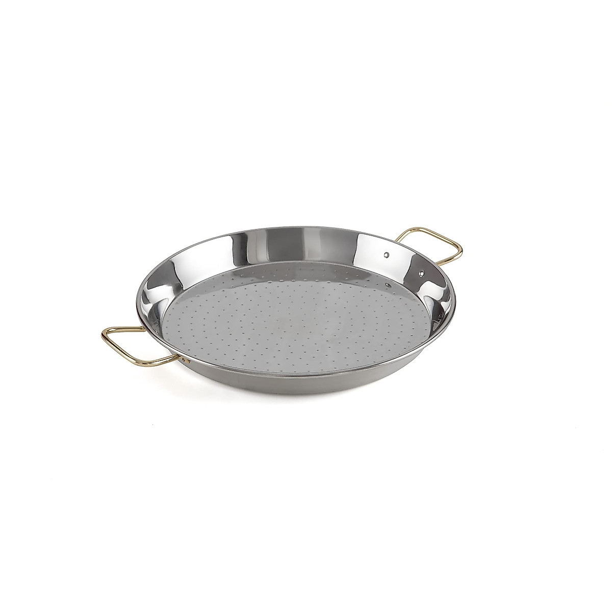 Gourmanity 16 inch Stainless Steel Flat Paella Pan, 40cm Large Stainless Steel Frying Pan Imported from Spain, Dishwasher and Oven Safe, Paellera with Gold Plated Handles, 9 Servings, Made by Garcima