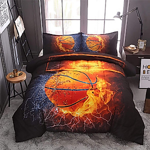 A Nice Night Basketball Print,with Fire and Ice Pattern,Comforter Quilt Set Bedding Sets, for Boys Kids Teen (Basketball, Twin)