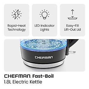 Chefman Electric Kettle, 1.8L 1500W, Hot Water Boiler, Removable Lid for Easy Cleaning, Auto Shut Off, Boil-Dry Protection, Stainless Steel Filter, BPA Free, Borosilicate Glass Electric Tea Kettle