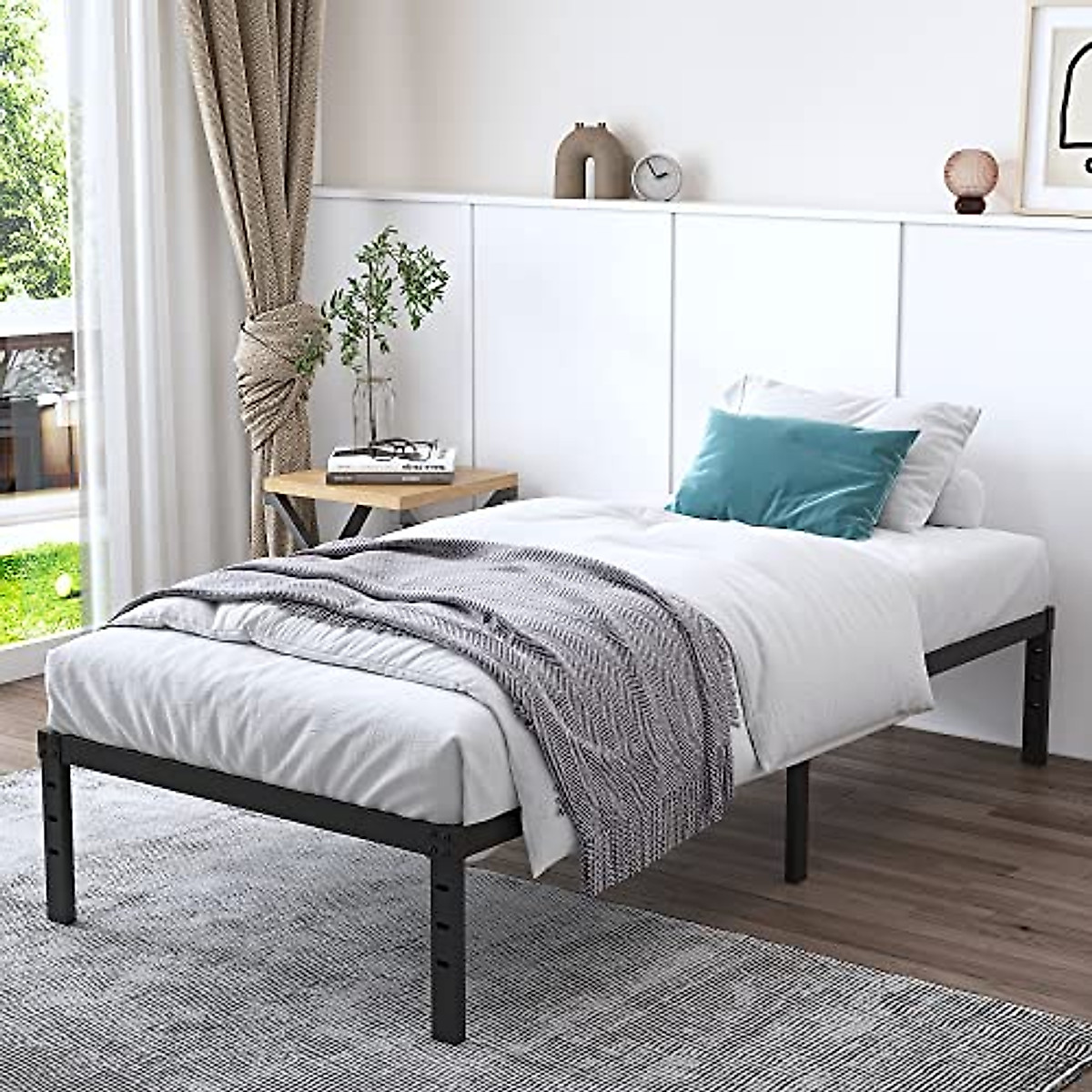 YUSENHEEI Twin Size Bed Frame 16 Inches High Metal Platform Bedframe with Slat Strips Easy Assembly Heavy Duty Strong No Need Box Spring Noise Free Non-Slip Large Storage Space Underbed