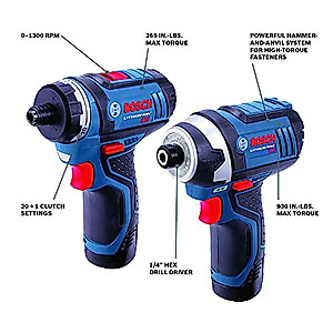 BOSCH CLPK27-120 12V Max 2-Tool Combo Kit with Two-Speed Pocket Driver, Impact Driver and (2) 2.0 Ah Batteries,Blue