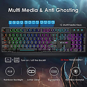 Wireless Gaming Keyboard and Mouse Combo with Rainbow LED Backlit Rechargeable 3800mAh Battery Mechanical Feel,7 Color Gaming Mouse,Mouse Pad for Windows PC Gamers(Black)