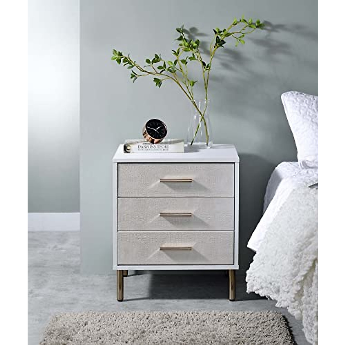 Acme Myles Wooden Storage Nightstand in White and Champagne and Gold