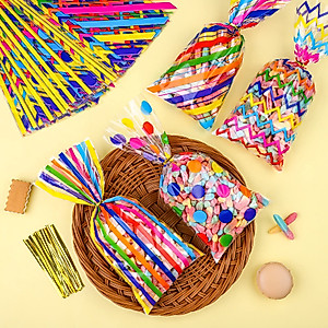 Aodaer 100 Pieces Rainbow Cellophane Bags Plastic Candy Gift Bags Cellophane Treat Bags with Twist Ties Stripes Polka Dot Printed Pattern Goodie Bags for Birthday Weddings Party Favors