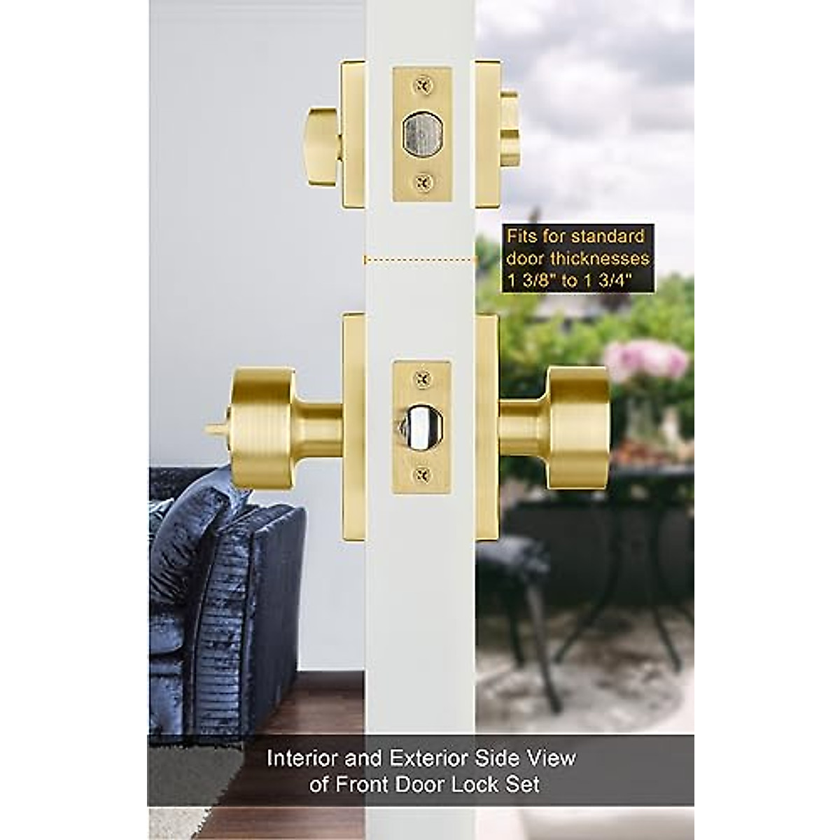 goldenwarm Keyed Alike Gold Door Knob with Deadbolt, Square Contemporary Brushed Gold Exterior Door Lock Set with Deadbolt, Heavy Duty Brass Front Entry Door Locksets with Deadbolt(1 Pack)
