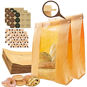 Bread Bags for Homemade Bread Sourdough - 50 Pack Large Paper Bread Bags for Sourdough with Tintie Tab Lock, 90pcs Stickers, Clear Front Window: Sourdough Bread Bags for Gifting