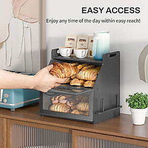 Bread Box, Bread Box for Kitchen Countertop, Large Bread Storage Container for Homemade Bread, Wooden Farmhouse Breadbox Organizers, Double Layer Bread Bin with Acrylic Window Bread Holder,Black