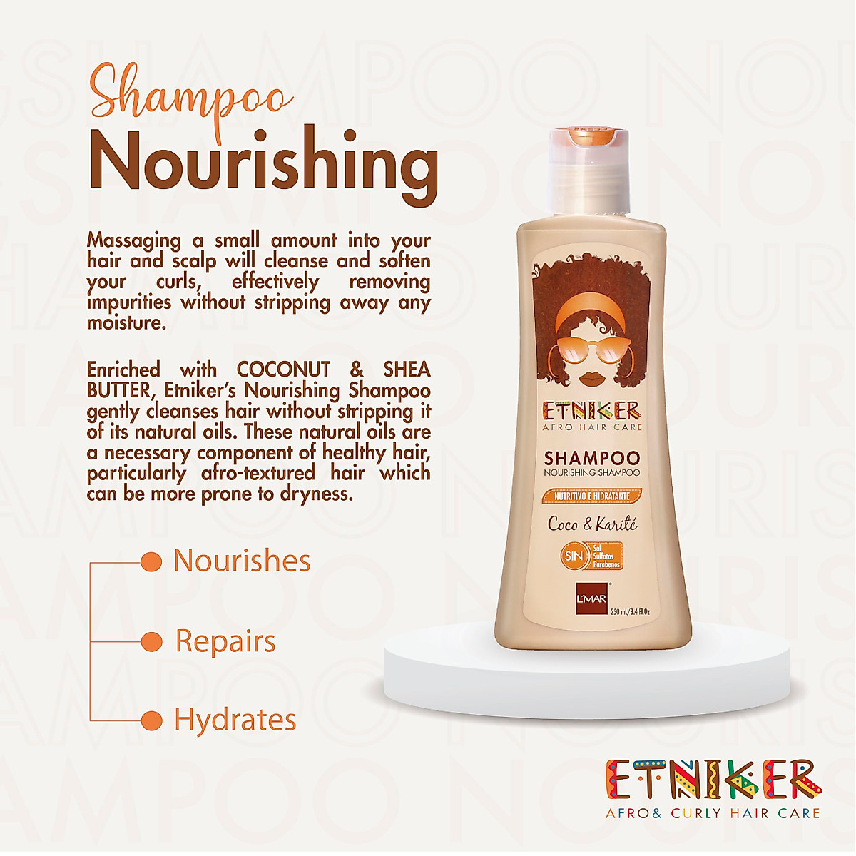 ETNIKER Nourishing Shampoo | Cleanse, Hydrate & Nourish | Coconut & Shea Butter | Free from Sulfates, Salt, Silicones, Mineral Oil, and Parabens | by L’MAR (1 Bottle, 8.4, Fl Oz)