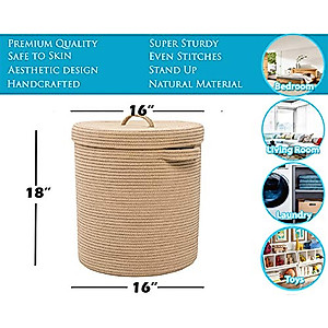 16" x 16" x 18" Large Cotton Rope Storage Basket with Lid, Full Beige with Cover