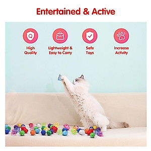 SEVENKA Cat Toys 30 Pcs Color Flash Balls and 36 Spring Toys, 1.1in Small Soft Cat Toy Ball Tinsel Pom Poms, Kitten Toys, Plastic Spiral Springs for Cat Swatting, Biting, Hunting, Active Healthy Play
