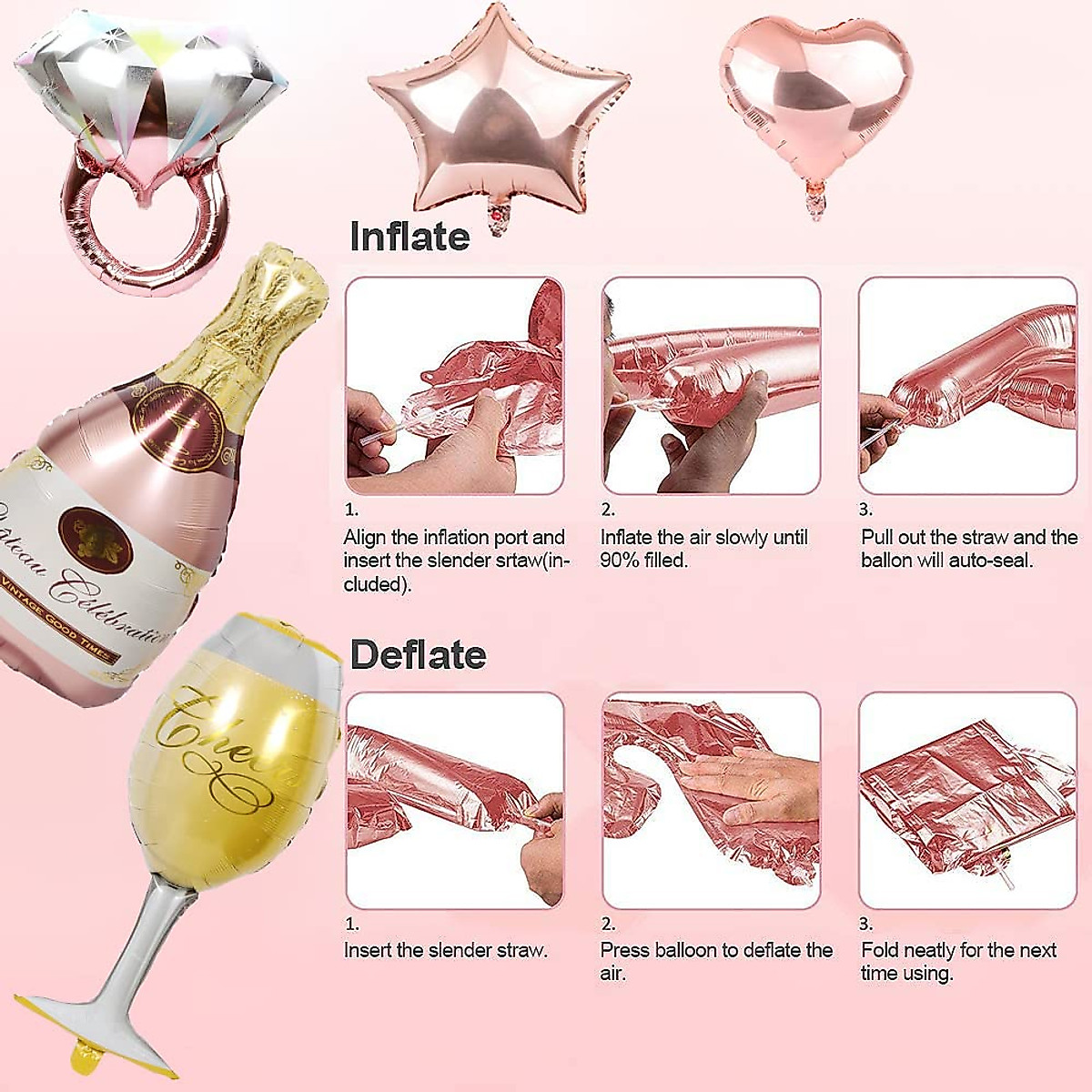 Rose Gold Bachelorette Party Supplies Naughty, Bride to Be Balloons, Ring, Champagne Bottle，Goblet Balloons Foil Curtain Sash Cake Topper for Bridal Shower Favors Decoration Kit