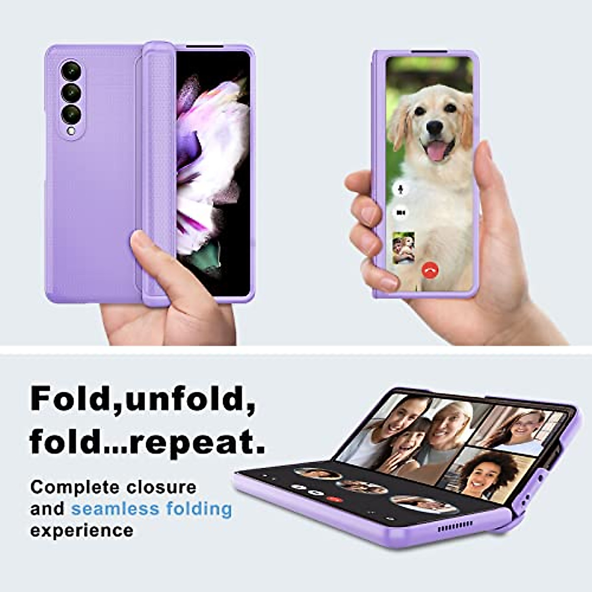 Fold 3 Case with Hinge Protection & Screen Protector, Triangular Anti-Skid Texture Design, Slim Fit Lightweight Protective Cover Supports Wireless Charging for Samsung Galaxy Z Fold 3 5G (Purple)