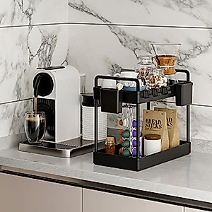 2 Pack Under Sink Organizer, 2 Tier Kitchen Under Sink Cabinet Organizers and Storage with Cups and Hooks, Black Bathroom Under Sink Shelf Organizer Basket, Multi-purpose Under Sink Storage