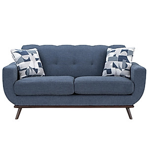 Benjara Keto 70 Inch Loveseat, Chenille, 2 Throw Pillows, Solid Wood, Blue and Brown