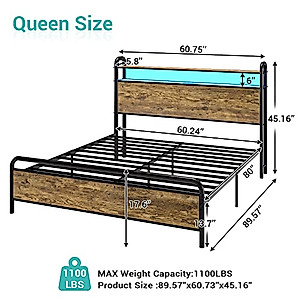 DICTAC Queen Bed Frame with Storage Headboard and Charging Station Led Bed Frame Queen Size with Headboard Storage,Metal Platform Bed Frame with LED Lights,No Box Spring Needed,Rustic Brown