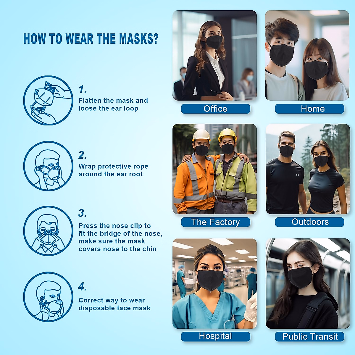 XIKII KN95 Face Mask Black, 50 Pack - 5-Layer Protective Masks, GB2626-2019 Certified, Comfortable Ear Loops, 98% High Filtration, Adjustable Nose Bridge, Non-Medical Respirators for Everyday Safety