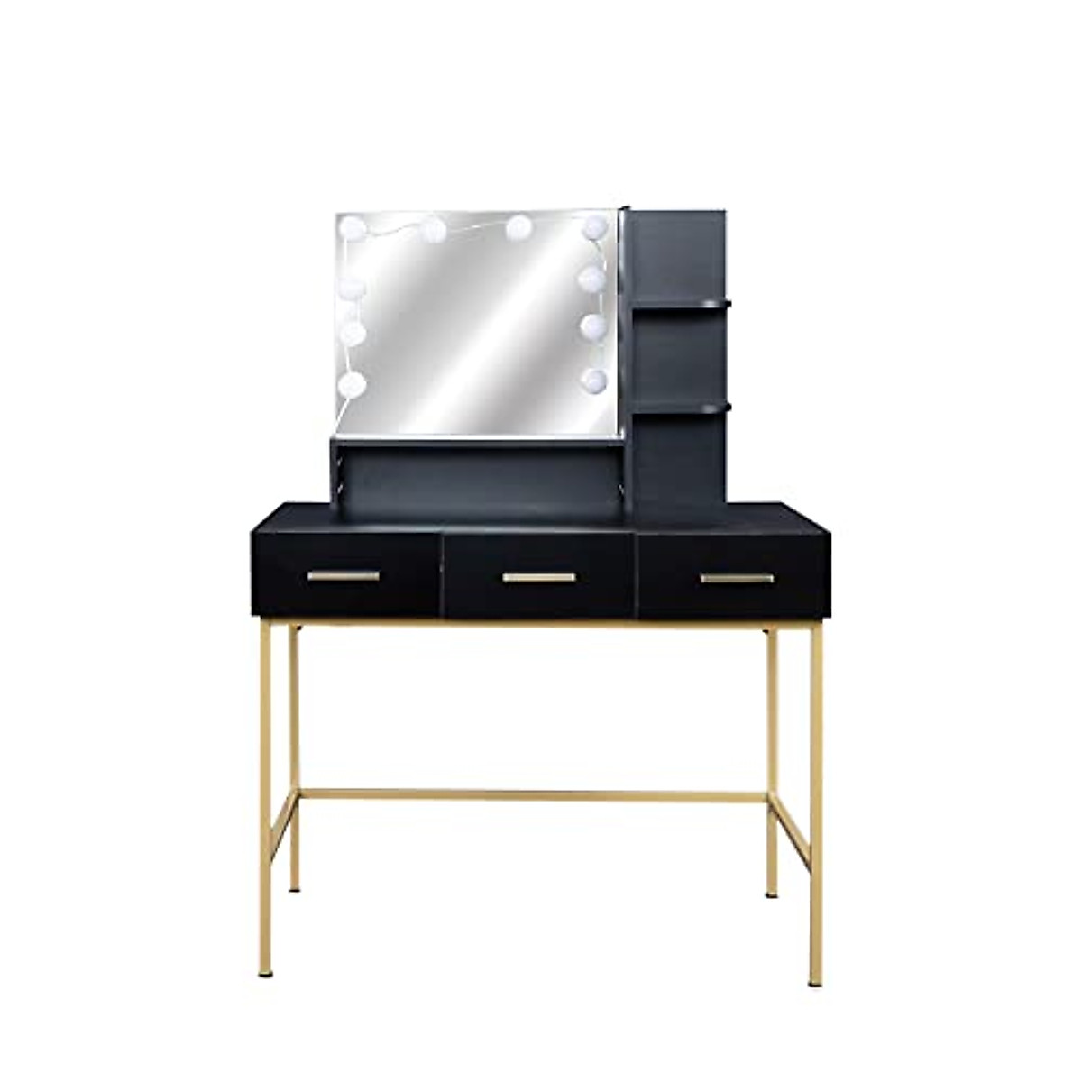 Vanity Set with Mirror and Stool, Vanity Desk with Mirror and Lights, Dressing Table with Drawers, Vanity Mirror with Lights Desk and Chair, Makeup Vanity Chair Stool for Bedroom, Black