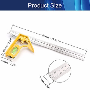 Bettomshin 1Pc 300mm/12inch Right Angle Ruler, 304 Stainless Steel Engineers Combination Try Square Set Yellow Base, Square Ruler Measuring Gauge for Carpenter Engineer