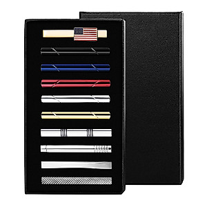 Finrezio 10 Pcs Tie Clips for Men Tie Bar Clip Set for Regular Ties Black Gold Red Navy Blue Silver American Flag Necktie Wedding Business Clips with Gift Box