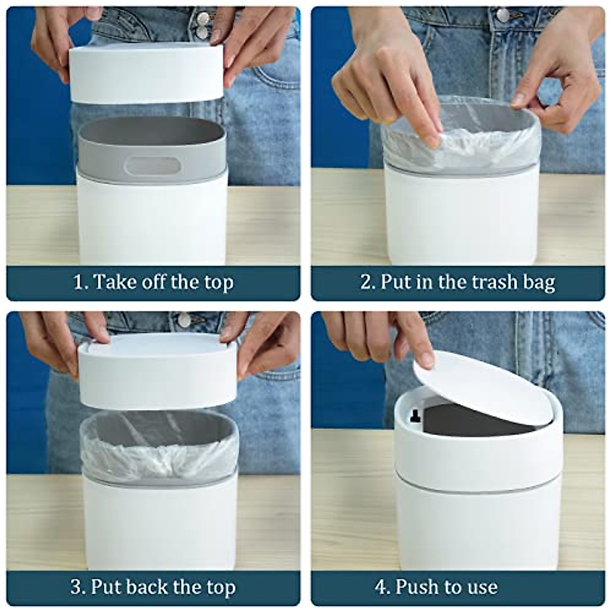 Mini Desk Trash Can with Lid with Trash Bags 180 pcs Press-Top 0.5 Gallon Tiny Countertop Waste Basket Small Table Top Plastic Covered Garbage Bin for Desk Top