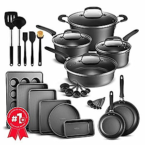 Cookware Set – 23 Piece –Black Multi-Sized Cooking Pots with Lids, Skillet Fry Pans and Bakeware – Reinforced Pressed Aluminum Metal - Suitable for Gas, Electric, Ceramic and Induction by BAKKEN Swiss