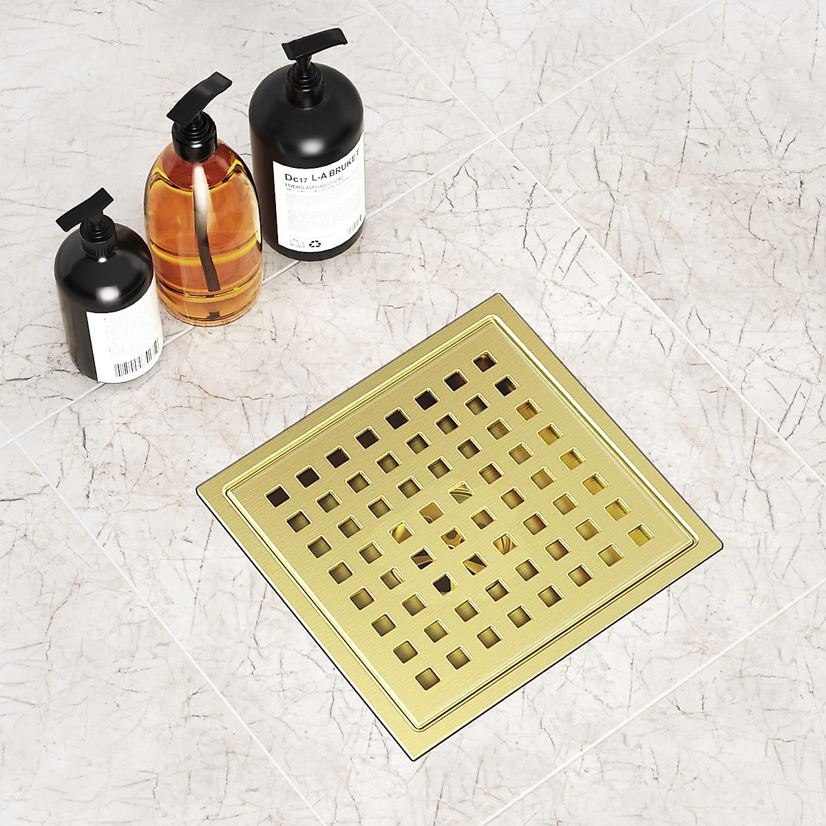 Bmvlffs Square Shower Floor Drain 6 Inch Brushed Gold, SUS 304 Stainless Steel with Flange, Removable Cover Quadrato Patten Grate, Includes Hair Strainer