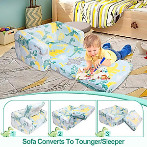 Kirumie Fold Out Kids Sofa Couch, Children 2 in 1 Convertible Sofa to Lounger, Flip Out Sofa Chair with Blanket, Glow in The Dark Dinosaur Theme Toddler Sofa, Sofa Bed Toddler Chairs for Boys Girls