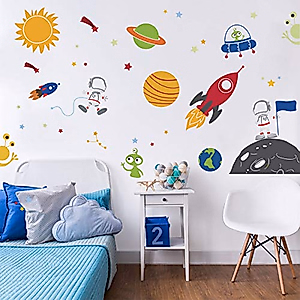 decalmile Planets Space Wall Stickers Rockets Stars Children Wall Decoration Sticker for Children's Bedroom Baby Living Room