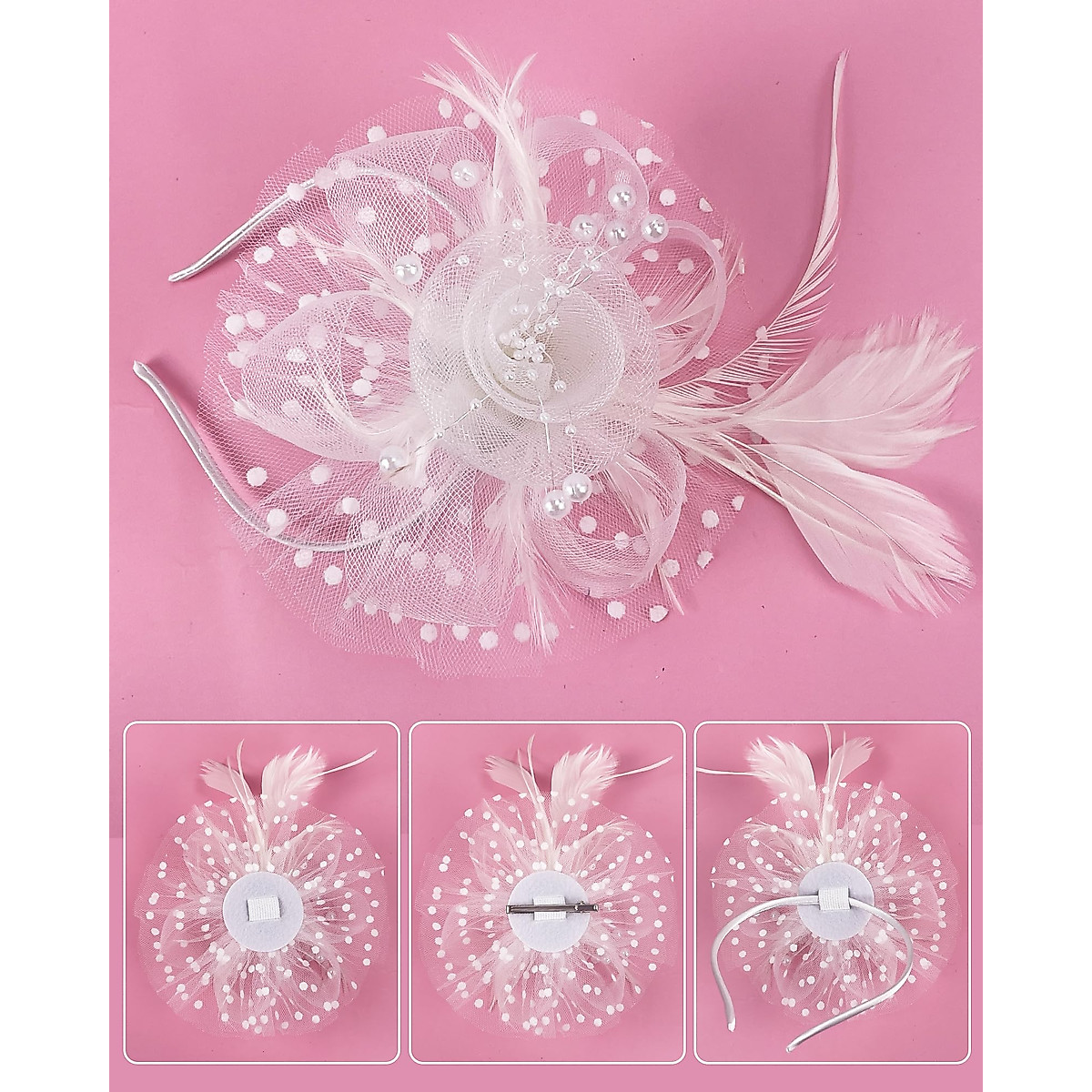 5 Pack White Fascinator for Gril Tea Party Headband Derby Hat Lace Gloves ewelry Pearl Bracelet Earrings Set for 1920s Party